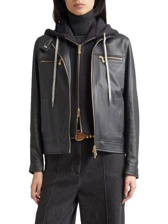 Eleventy Leather Biker Jacket With Removable Hooded Bib - 168 Carbon