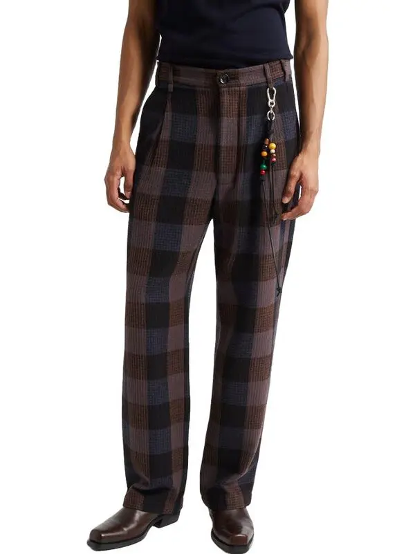 SONG FOR THE MUTE Pleated Plaid Loose Fit Trousers - Black