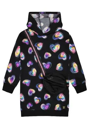 DEUX PAR DEUX Hooded Fleece Dress With Trompe-l'oeil Bag - Black And Multicolor