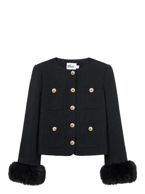 SELF-PORTRAIT Boucle Fur Cuff Jacket - Black