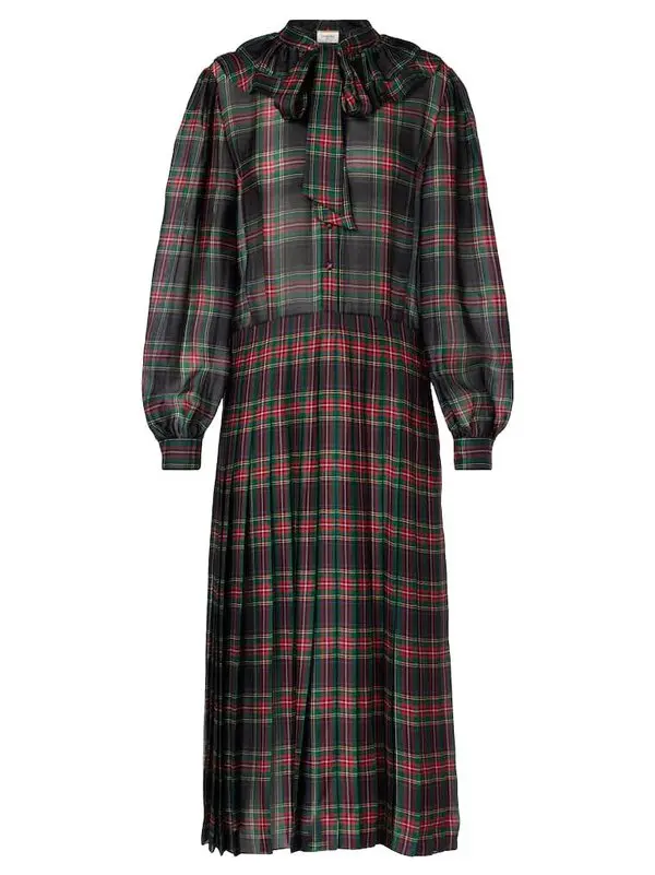 Saint Laurent Checked Pleated Silk Charmeuse Midi Dress - Multicoloured