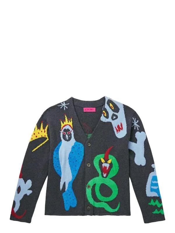THE ELDER STATESMAN Mythical Creatures Jacquard-knit Cashmere-blend Cardigan - Gray