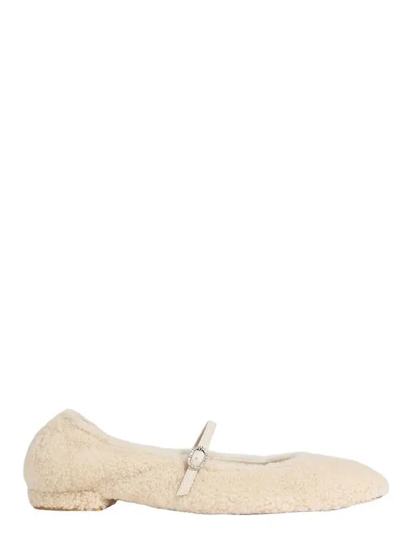 STUART WEITZMAN Lennox Leather-trimmed Shearling Mary Jane Flats - Ecru
