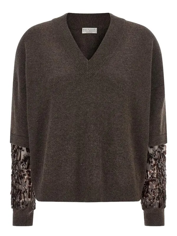 Brunello Cucinelli Sequin-sleeve Cashmere Sweater - Brown