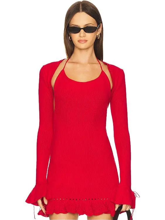 GUIZIO Crochet Ruffle Sleeve Bolero - Red Love