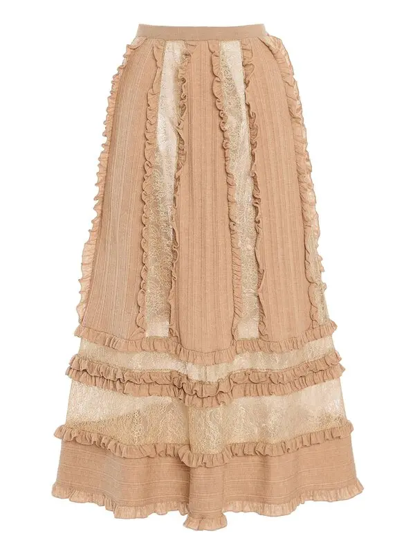 Ulla Johnson Embroidered Wool Midi Skirt - Tan