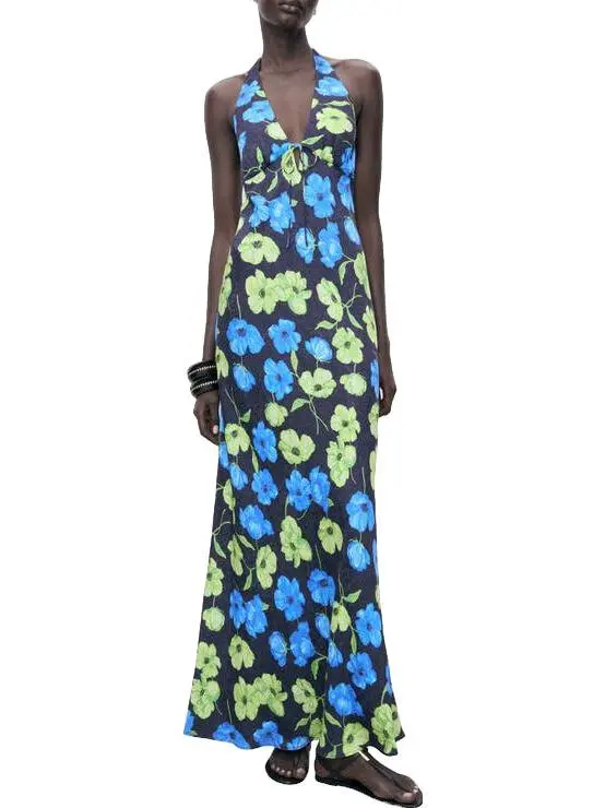 Mango Floral Halter Maxi Dress - Black