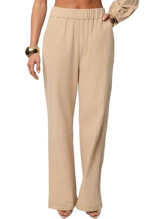 JLUXLABEL Coastal Tide Cotton One-shoulder Top & Wide Leg Pants Set - Beige