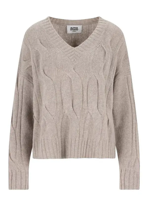 Alpha Studio Cashmere Cable Knit V-neck Sweater - Beige