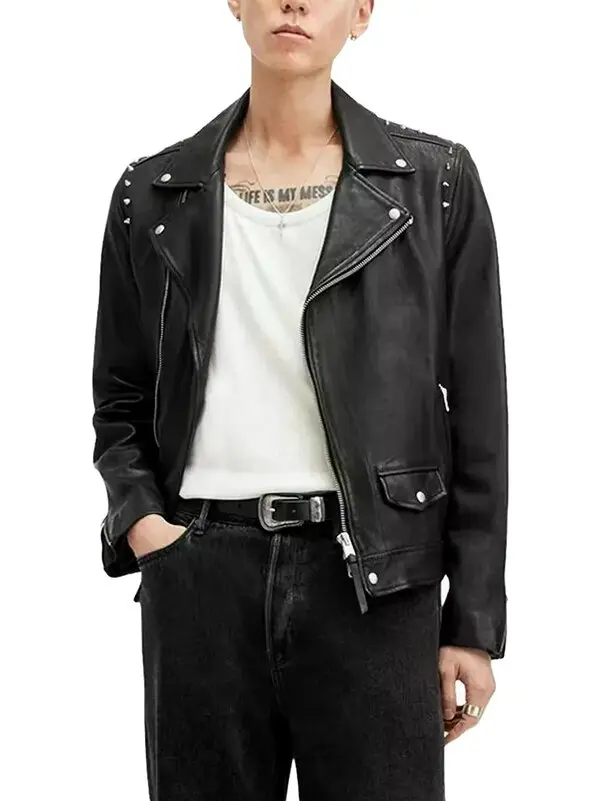 All Saints Studded Leather Biker Jacket - Black