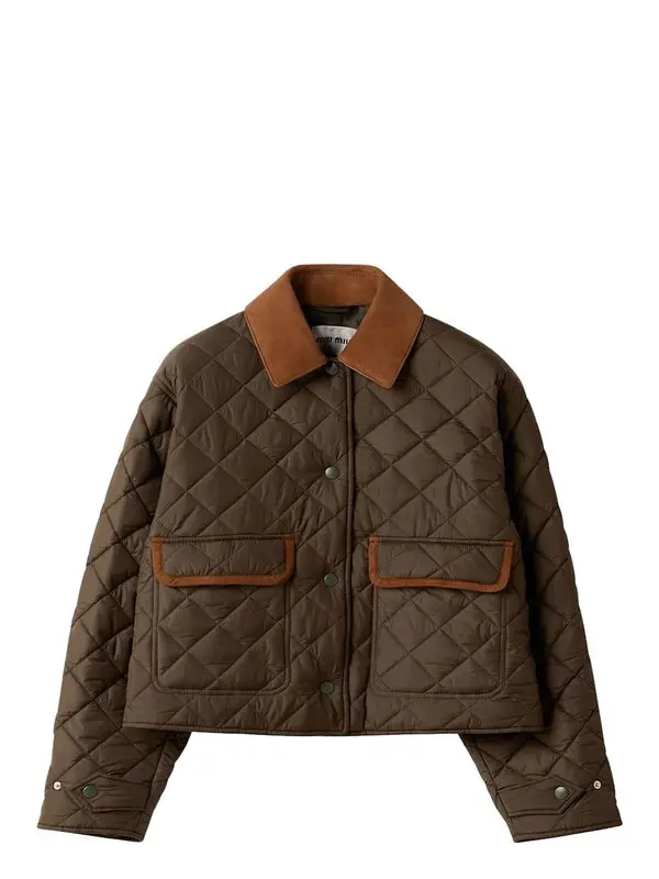 Miu Miu Quilted Crop Barn Jacket With Suede Collar - Militare