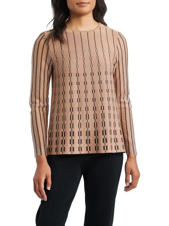 Ming Wang Striped Sheer Sleeve Knit Top - Warm Taupe/dark Umber/ivory