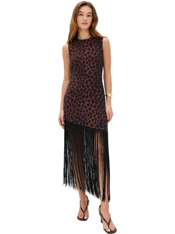 SIMONMILLER Casablanca Crepe Fringe Dress - Choco Brown Leopard