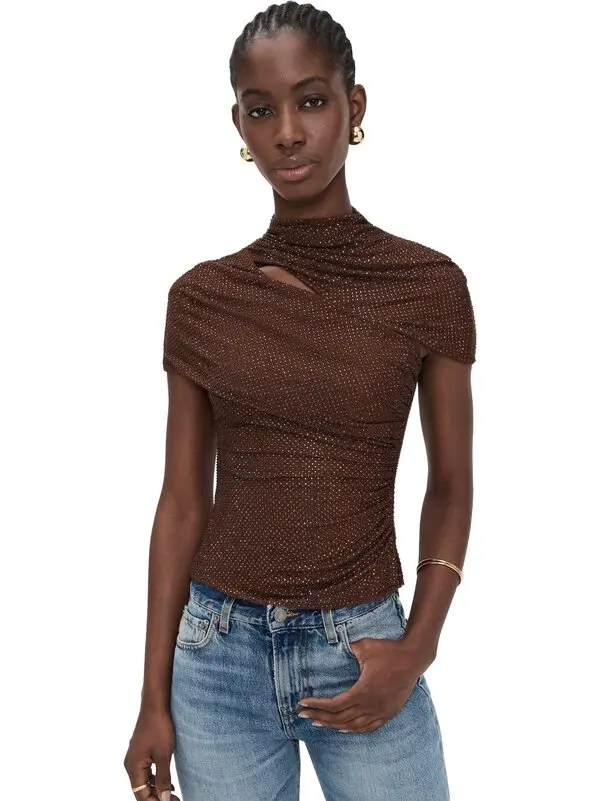 SELF-PORTRAIT Rhinestone Mesh Cut Out Top - Brown