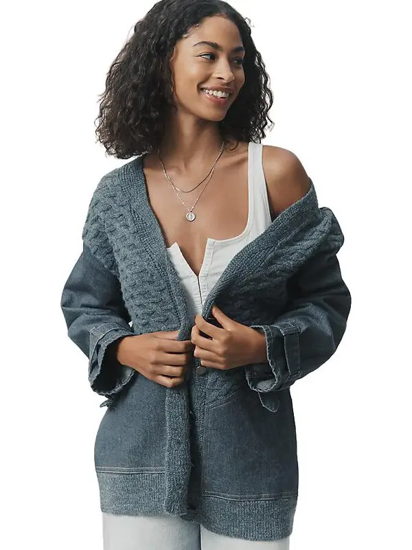 PILCRO Denim Mixed Media Cardigan Sweater - Charcoal Grey