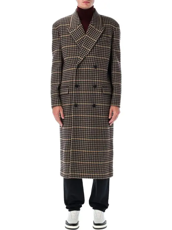 Saint Laurent Checked Wool Long Coat - Multicolor
