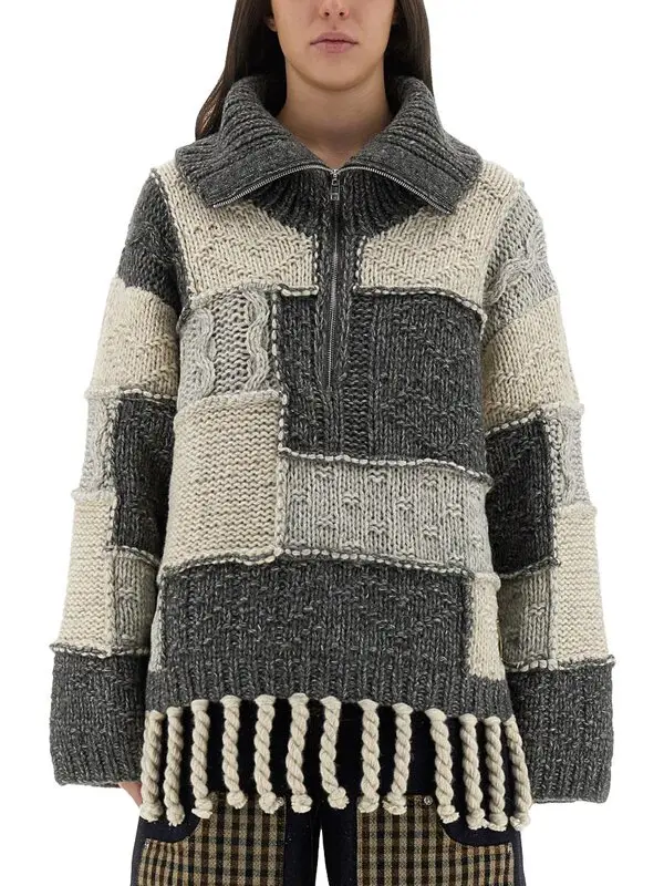 GANNI Patchwork Wool Blend Jersey With Fringe - Multicolour
