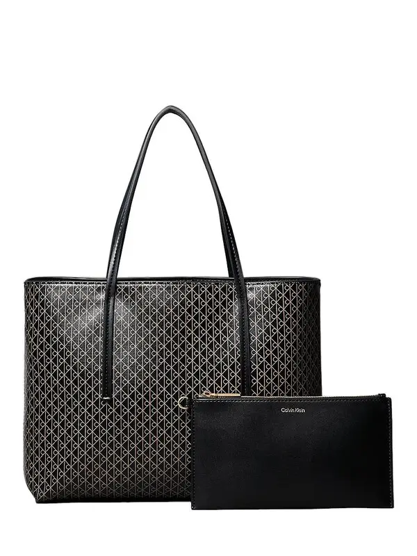 Calvin Klein Allover Emblem Logo Small Tote Bag With Pouch - Black