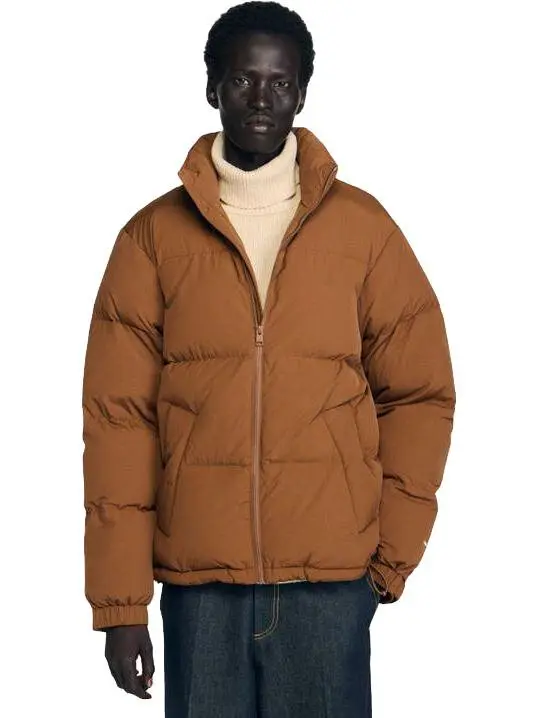 Sandro Hooded Puffer Jacket With High Collar - Cognac