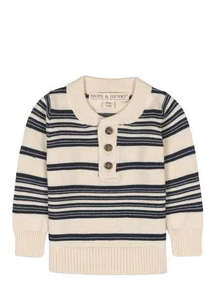 HOPE & HENRY Organic Long Sleeve Henley Pullover Sweater With Elbow Patches - Ivory Purl Stripe