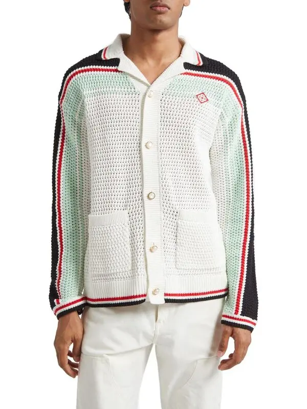 Casablanca Camp Collar Crochet Cardigan - White/black Multi