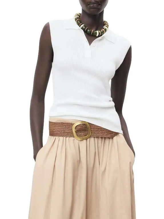 Mango Sleeveless Ribbed Polo Top - White