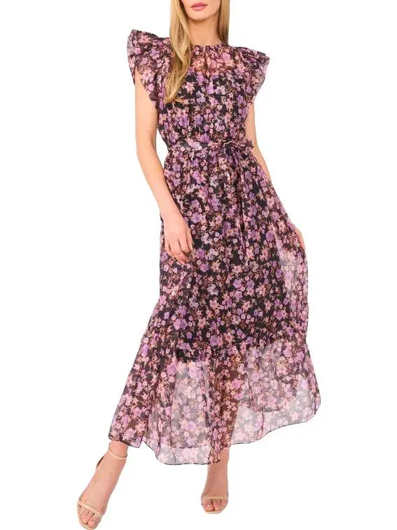 CECE DUPRAZ Floral Print Flutter Sleeve Maxi Dress - Rich Black Multi