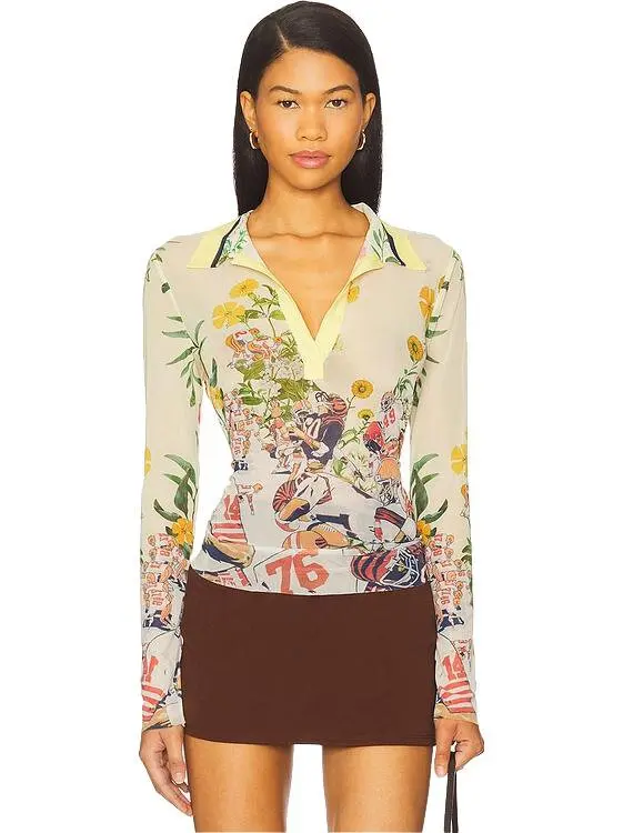 Monse Printed Mesh Polo Top - Yellow Multi