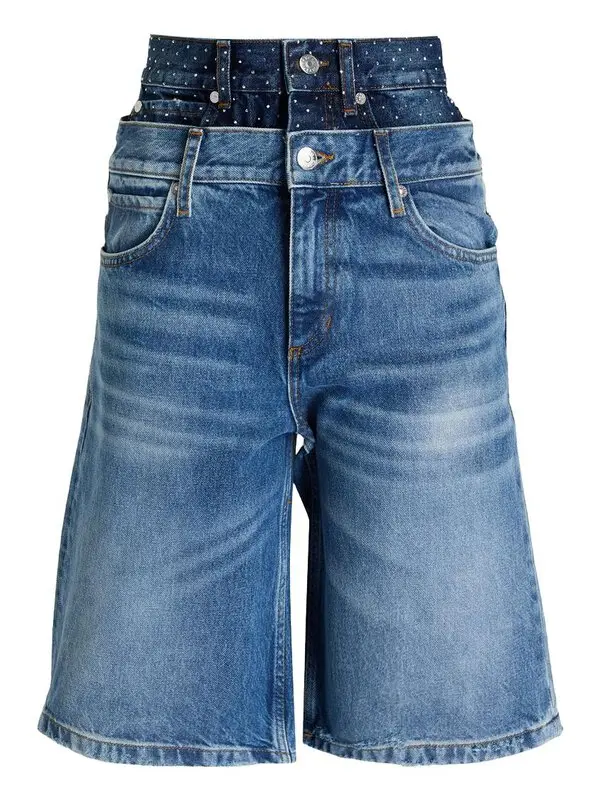 Sandro Layered Crystal-embellished Denim Shorts - Mid Denim