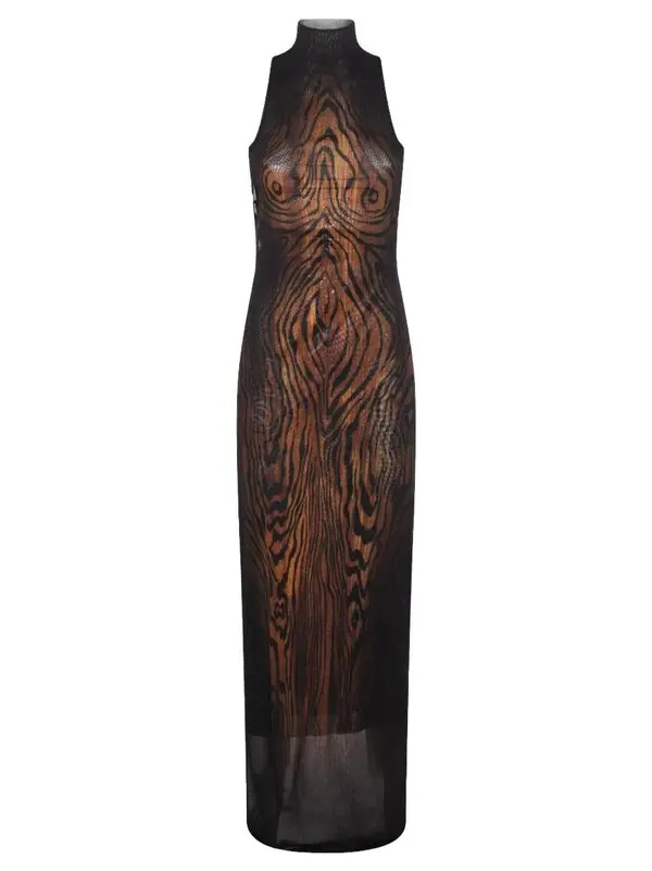 Jean Paul Gaultier Long Draped Wood Print Dress - Brown