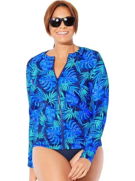 SWIMSUITS FOR ALL Chlorine Resistant Zip Up Swim Shirt - Vibrant Palm Blue