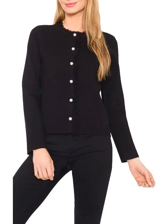 CECE DUPRAZ Fringe Trim Pearly Button Cardigan - Rich Black
