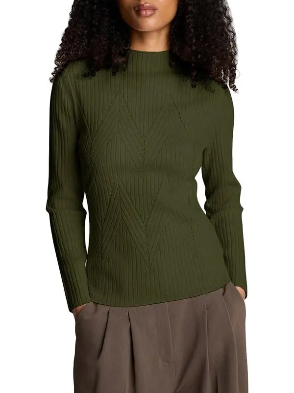 KENNETH COLE Mock Neck Chevron Rib Sweater - Olive Green
