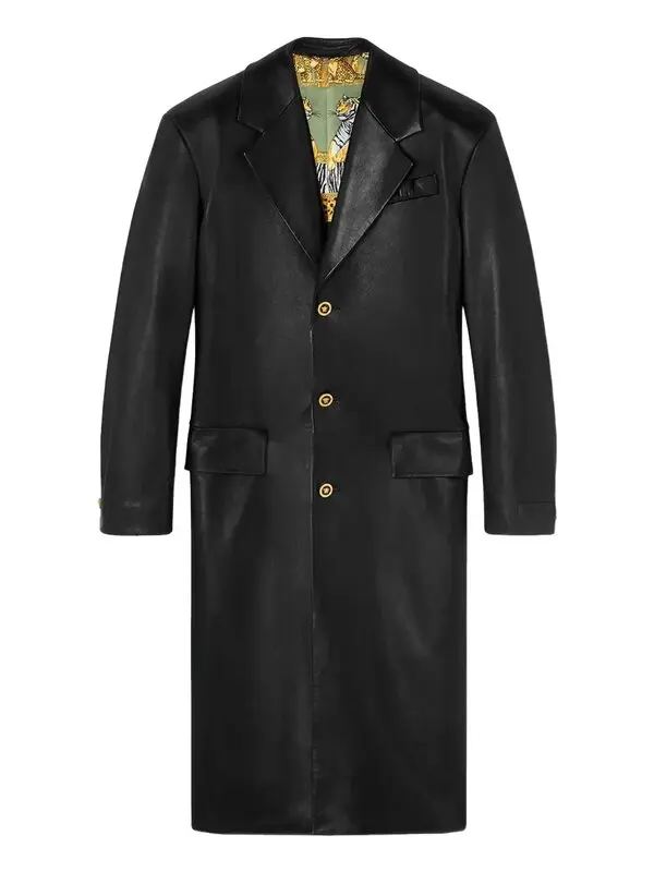 Versace Leather Coat With Gold-button Detail - Black