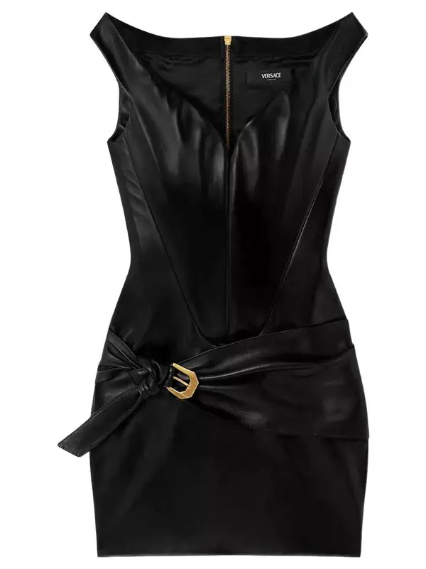 Versace Belted Leather Mini Dress - Black