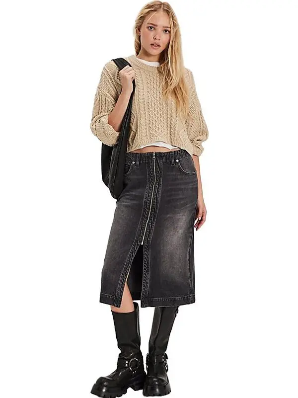 LEEM Zip-front Midi Skirt - Charred Black