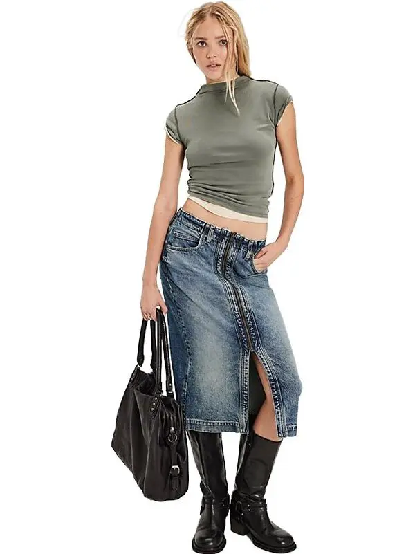 LEEM Zip-front Midi Skirt - Indigo Cast