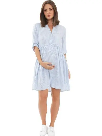 RIPE MATERNITY Stripe Shirt Dress - Sky Blue/white