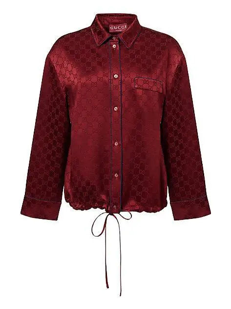 Gucci Monogram-pattern Satin Shirt With Drawstring Hem - Rosso Ancora Mix