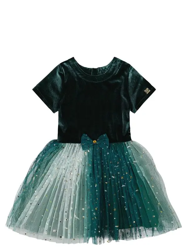 DEUX PAR DEUX Bi-material Short Sleeve Party Dress - Forest Green