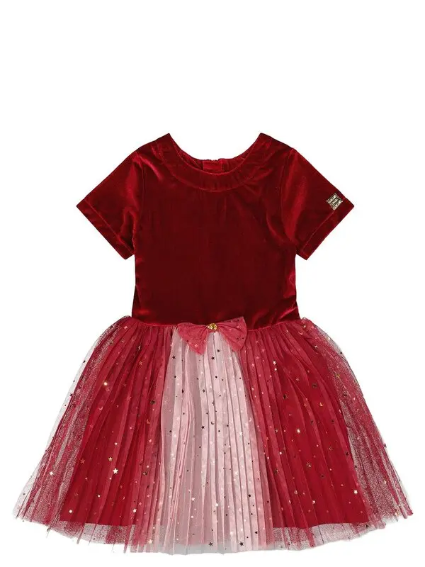 DEUX PAR DEUX Bi-material Short Sleeve Party Dress - Red