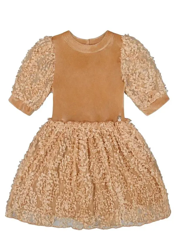 DEUX PAR DEUX Puff Sleeve Bi-material Velour And Lace Dress - Light Caramel