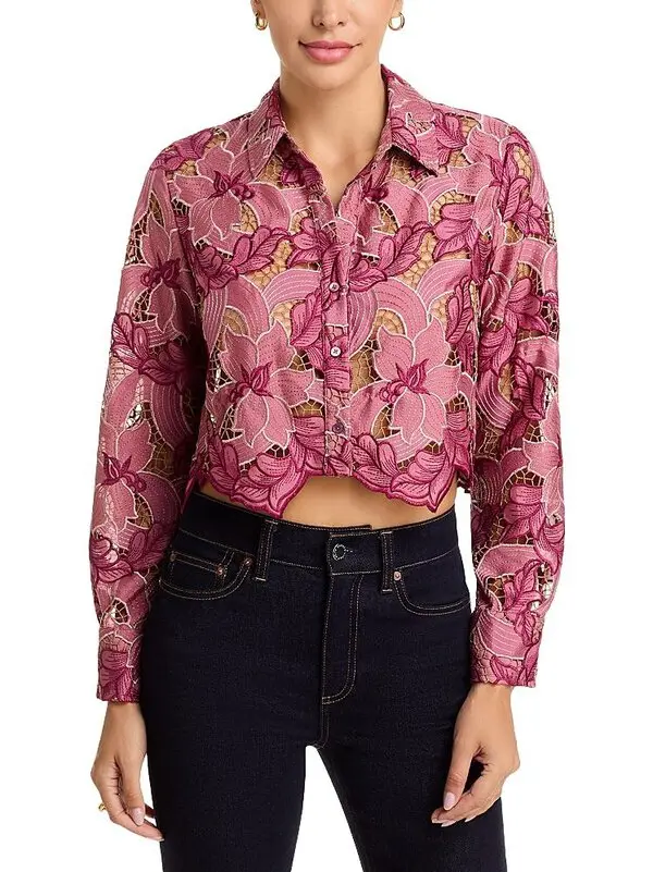 L'Agence Akemi Cropped Button-down Blouse - Mauve Multi Eyelet