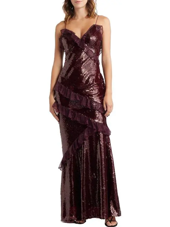 LoveShackFancy Rialto Sequin & Lace Gown - Bordeaux