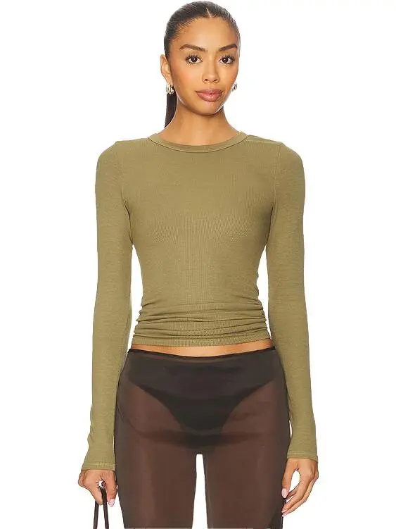 Enza Costa Silk Knit Long Sleeve Crew Top - Olive Stone