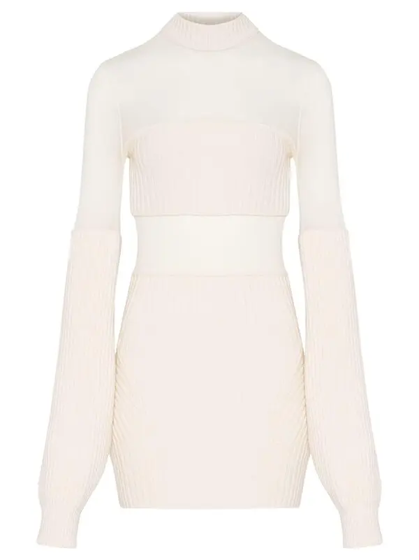Jean Paul Gaultier Mesh Cutout Ribbed Knit Mini Dress - 03-ecru