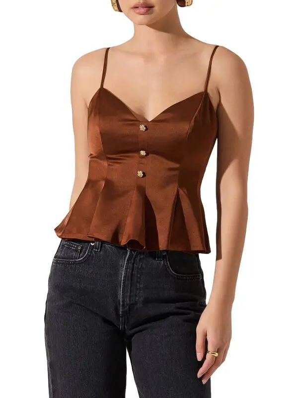 Astr The Label Paislee Satin Peplum Top - Brown