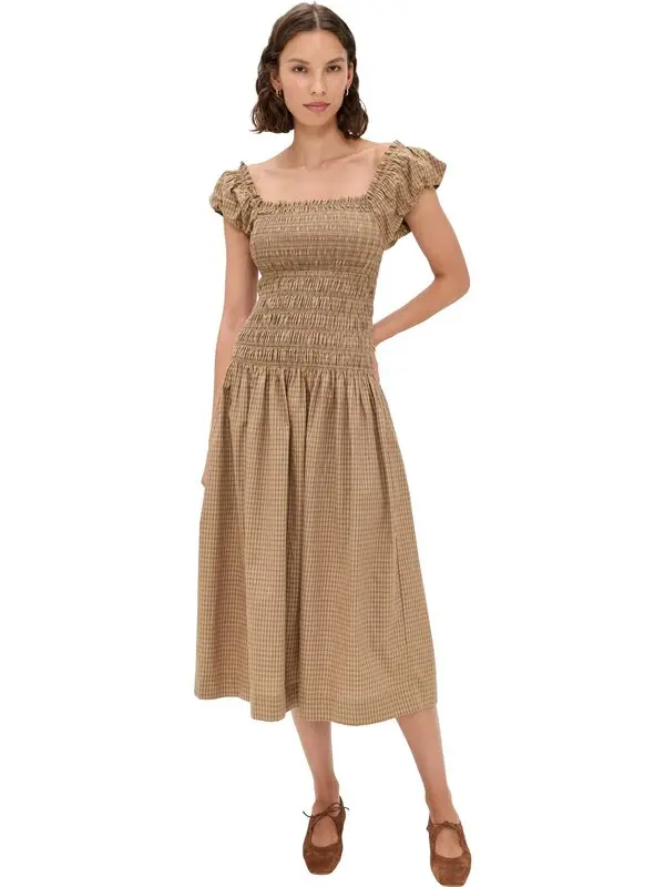 WAYF Cassidy Smock Midi Dress - Khaki Plaid