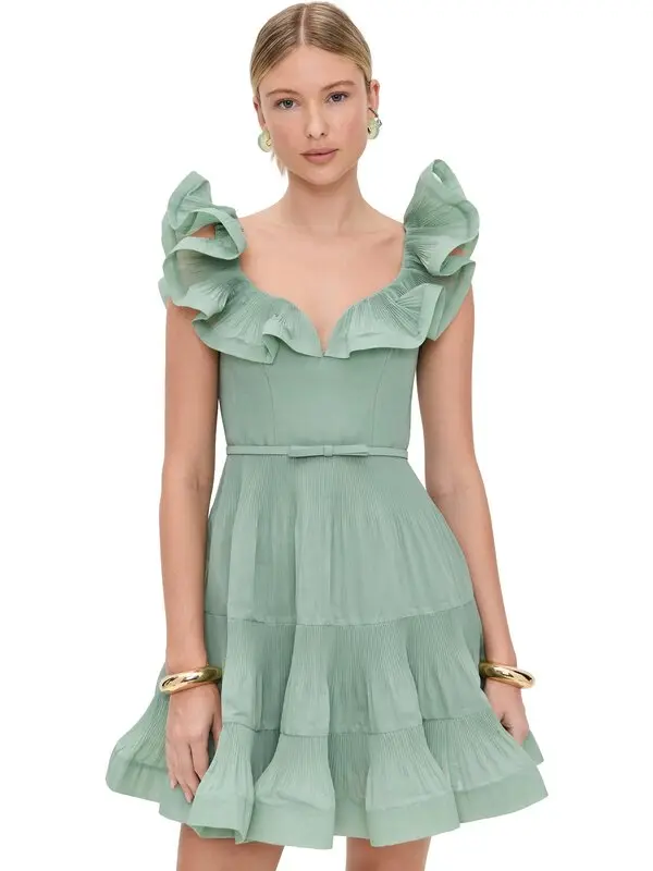 Zimmermann Pleated Frill Mini Dress - Eucalyptus