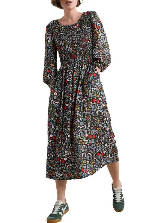 SEASALT CORNWALL Meadowsweet Floral Smocked Midi Dress - Still Life Maritime